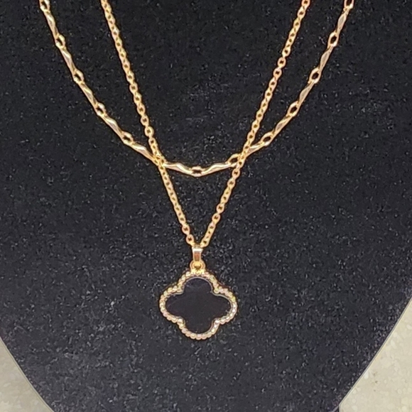 None | Jewelry | Gold Double Chain Necklace With Black Clover Pendant ...